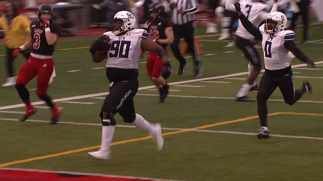 Stephen F. Austin big man rips ball away, rumbles for TD - ESPN Video