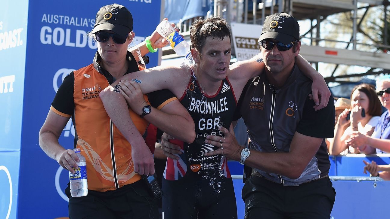 Jonny Brownlee recovers after collapsing on the Gold Coast finish line ...