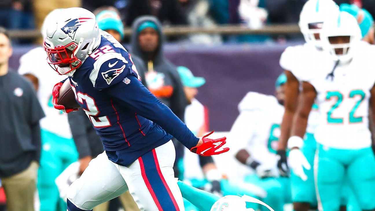 Patriots' linebacker turned fullback Elandon Roberts catches a 38-yard ...