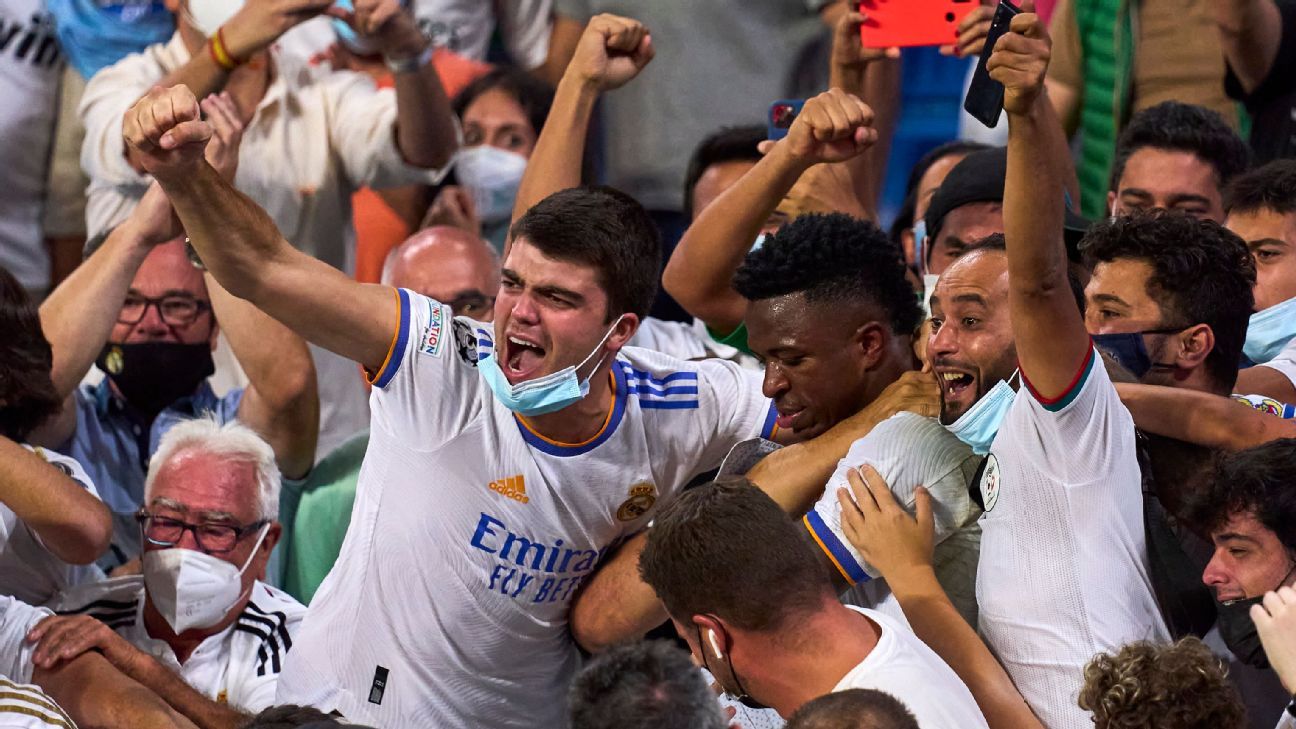 Real Madrid fan celebrated Vinicius Junior's goal with player in crowd ...