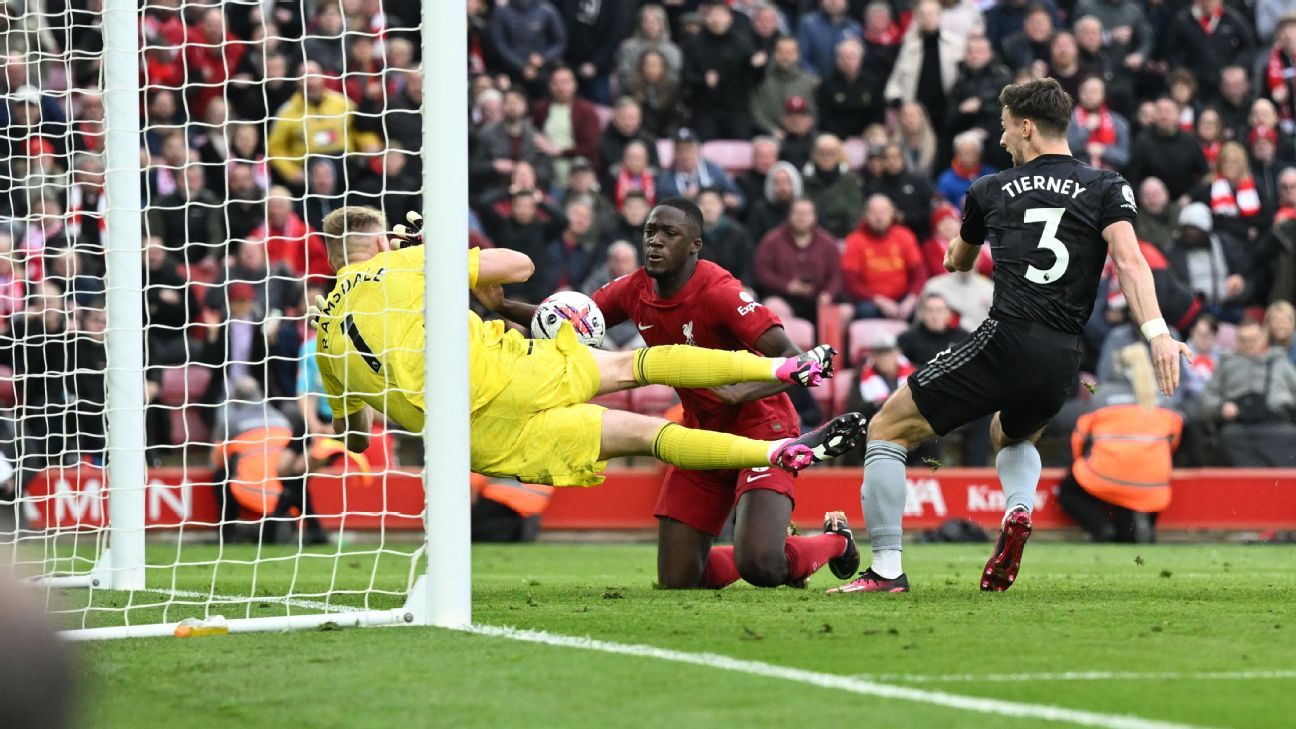 Las excepcionales atajadas de Aaron Ramsdale ante Liverpool - ESPN